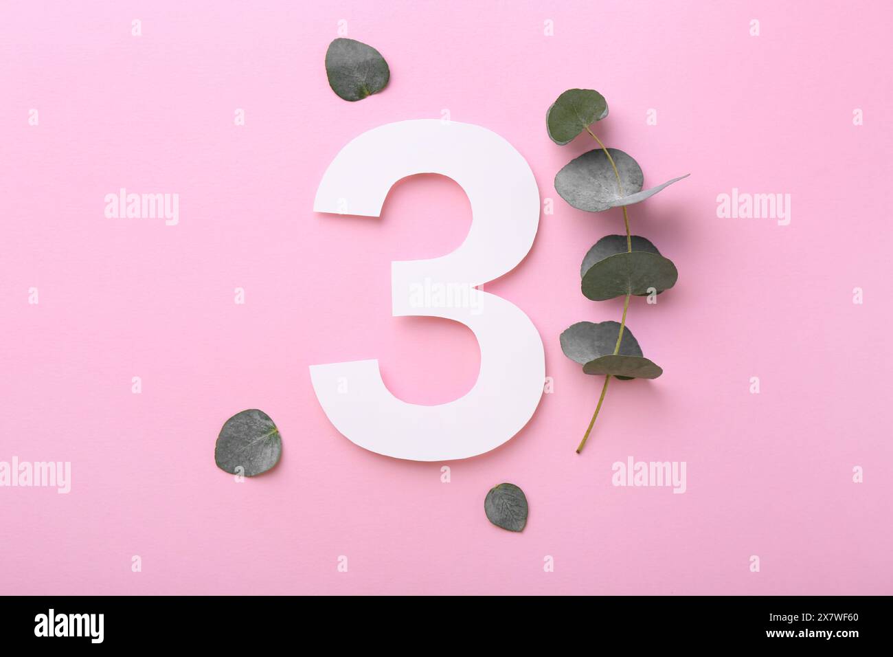 Paper number 3 and eucalyptus leaves on pink background, flat lay Stock ...