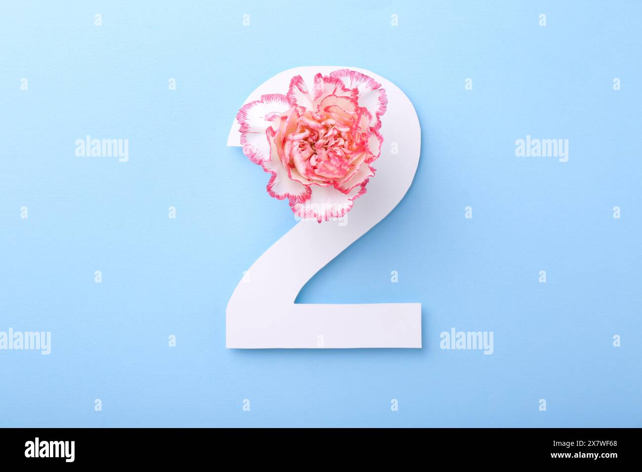 Paper number 2 and beautiful flower on light blue background, top view ...