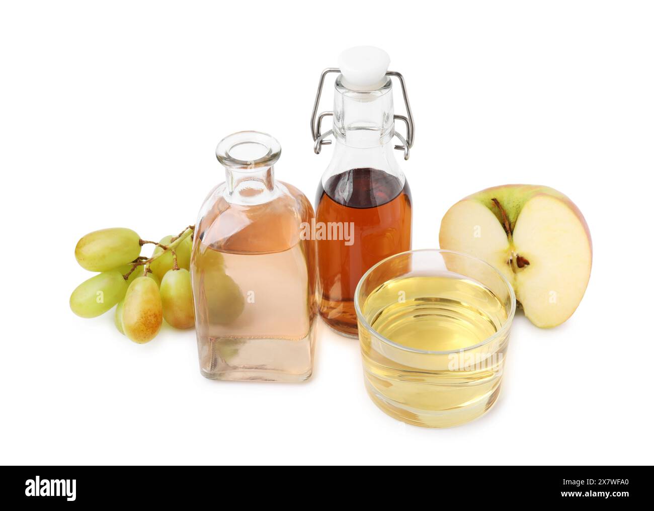 Different types of vinegar and ingredients isolated on white Stock ...