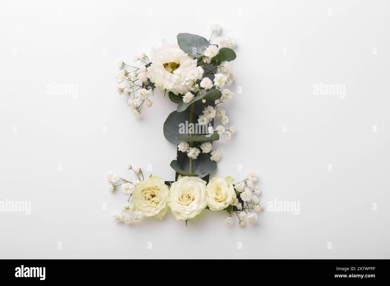 Number 1 made of beautiful flowers and eucalyptus leaves on white ...