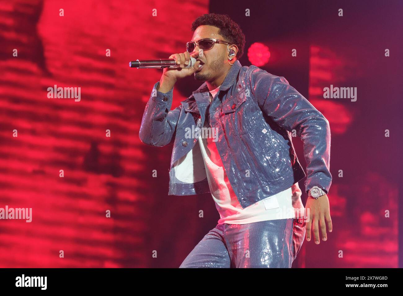Singer Myke Towers performs during his concert at the WiZink Center, on ...