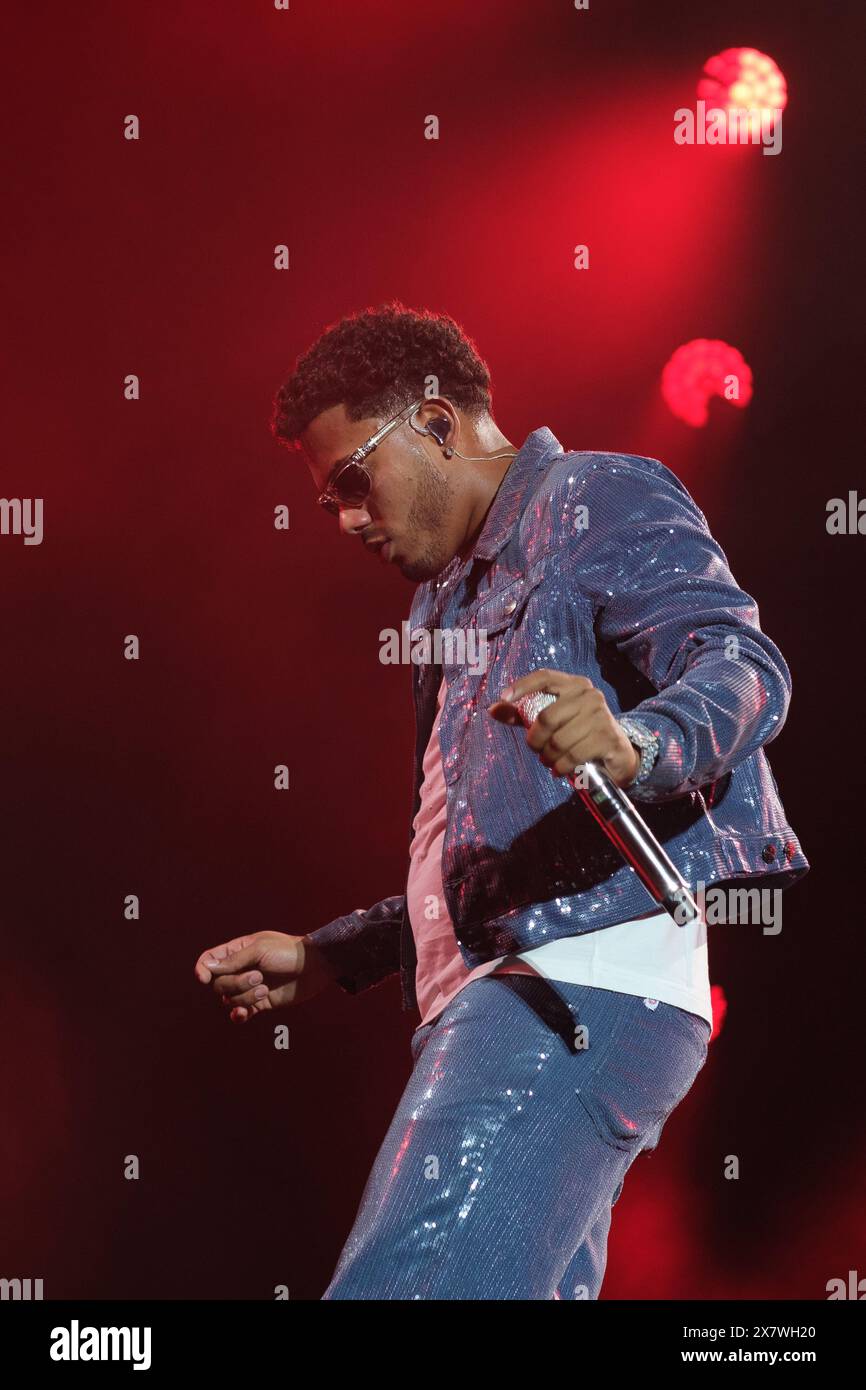 Singer Myke Towers performs during his concert at the WiZink Center, on ...