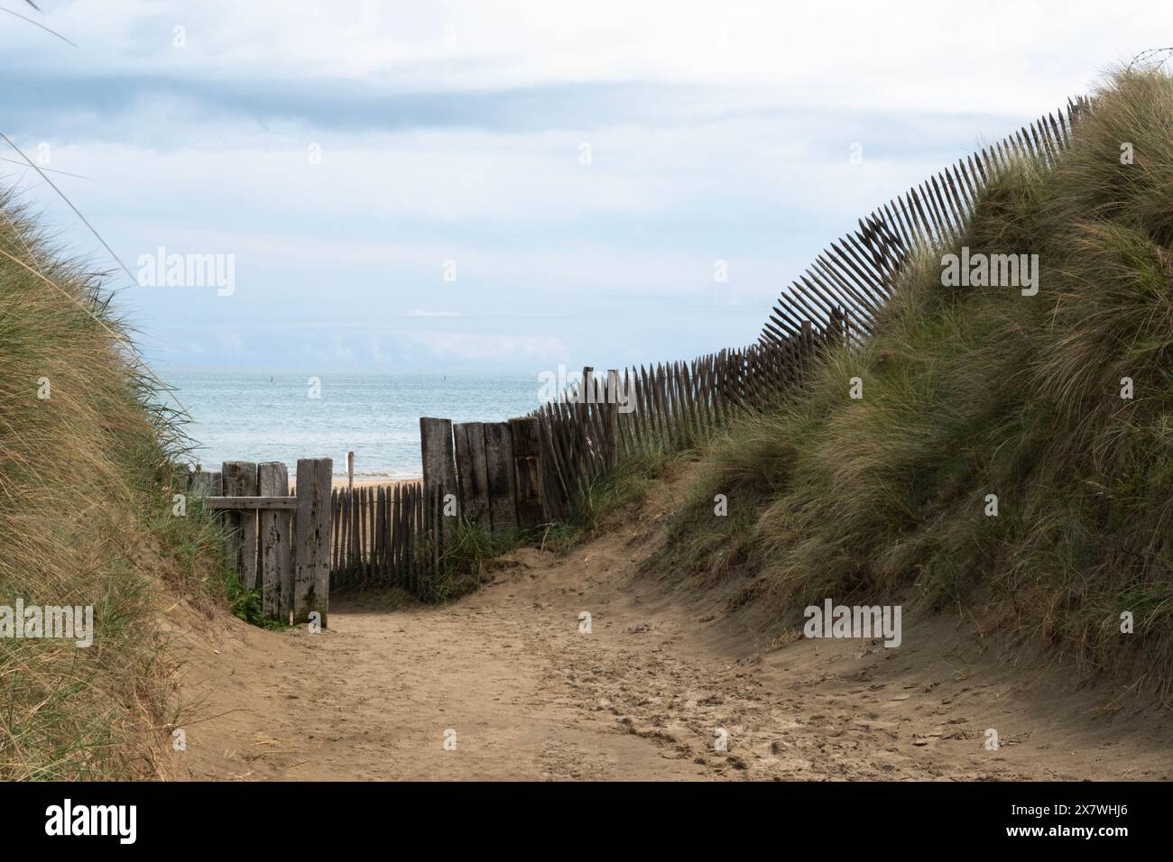 Utah Beach in Normandy, France wood sea fence, grass and sand dunes ...