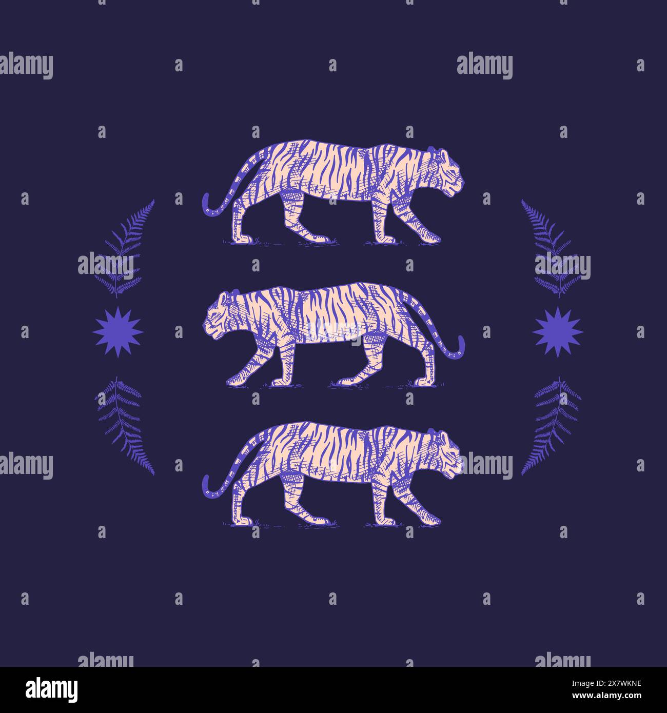 Abstract japanese Tigers. Modern art print with tigers, abstract sun ...