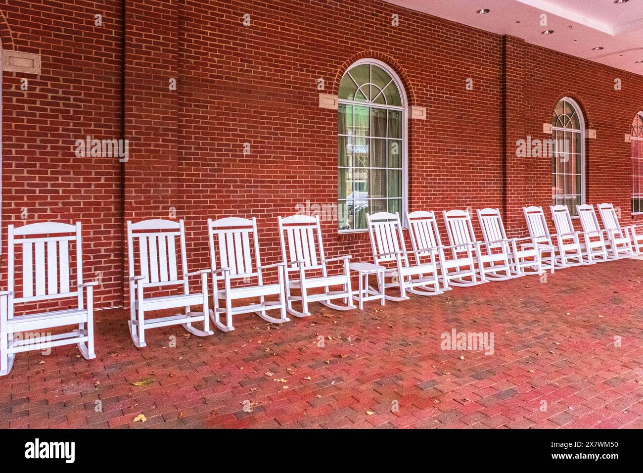 Rocking chairs lined up awaiting usage in downtown Staunton, VA Stock ...
