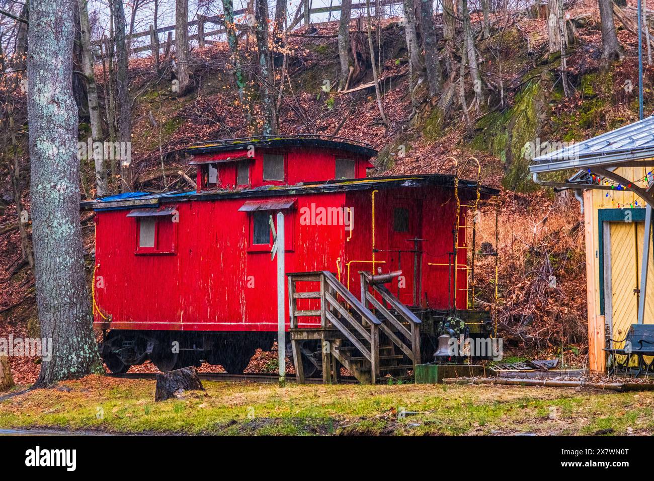 Vintage red caboose on display in rural Virginia countryside Stock ...
