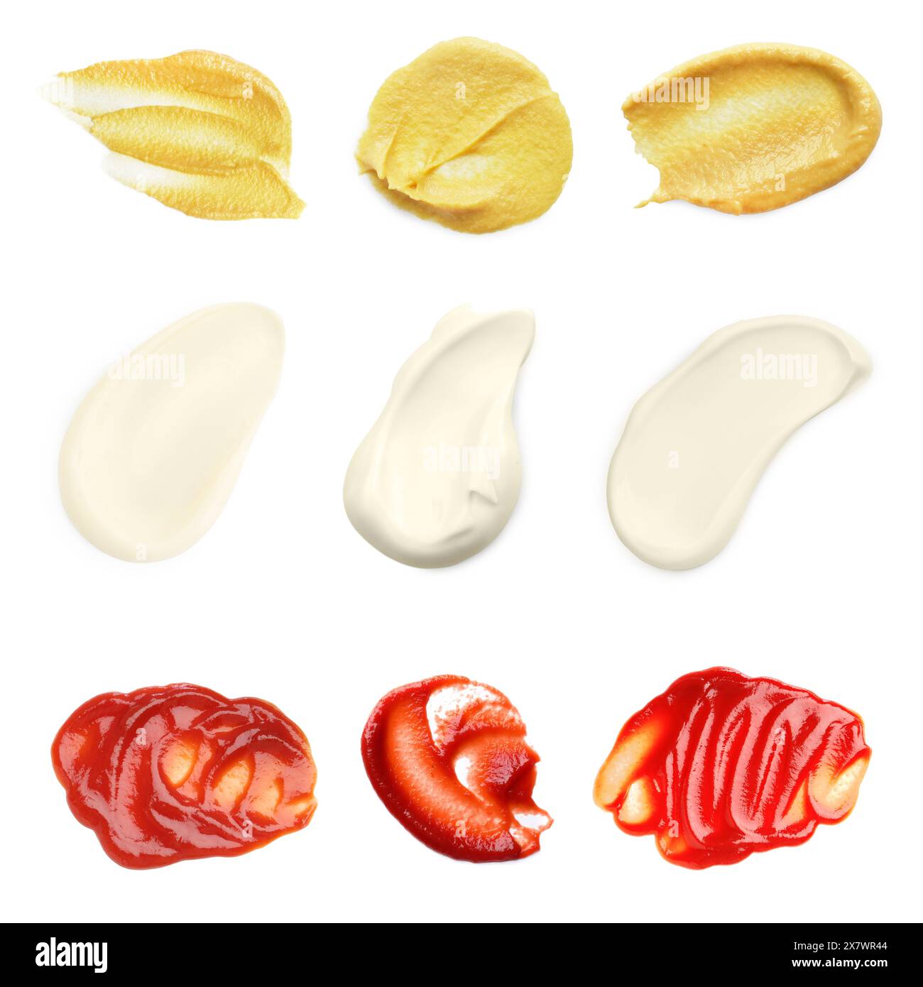 Set of different sauces isolated on white, top view Stock Photo - Alamy