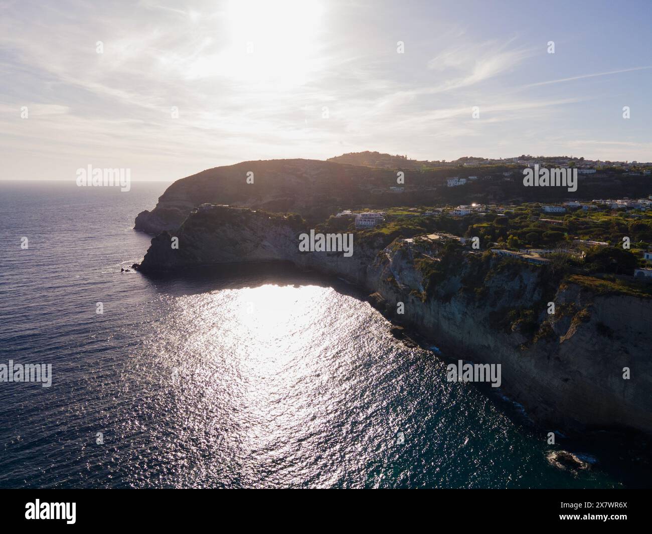 Drone photo of cliffs at Sant'Angelo di Ischia in sunset, Italy, Gulf ...
