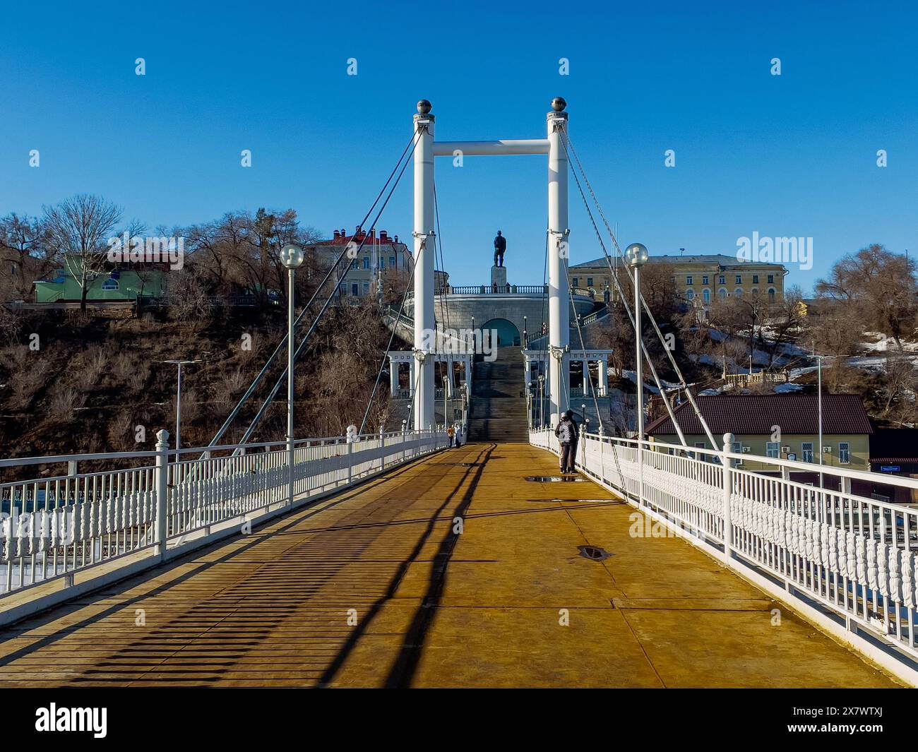 Orenburg, Russia- March 29, 2024 The pedestrians bridge over the Ural ...