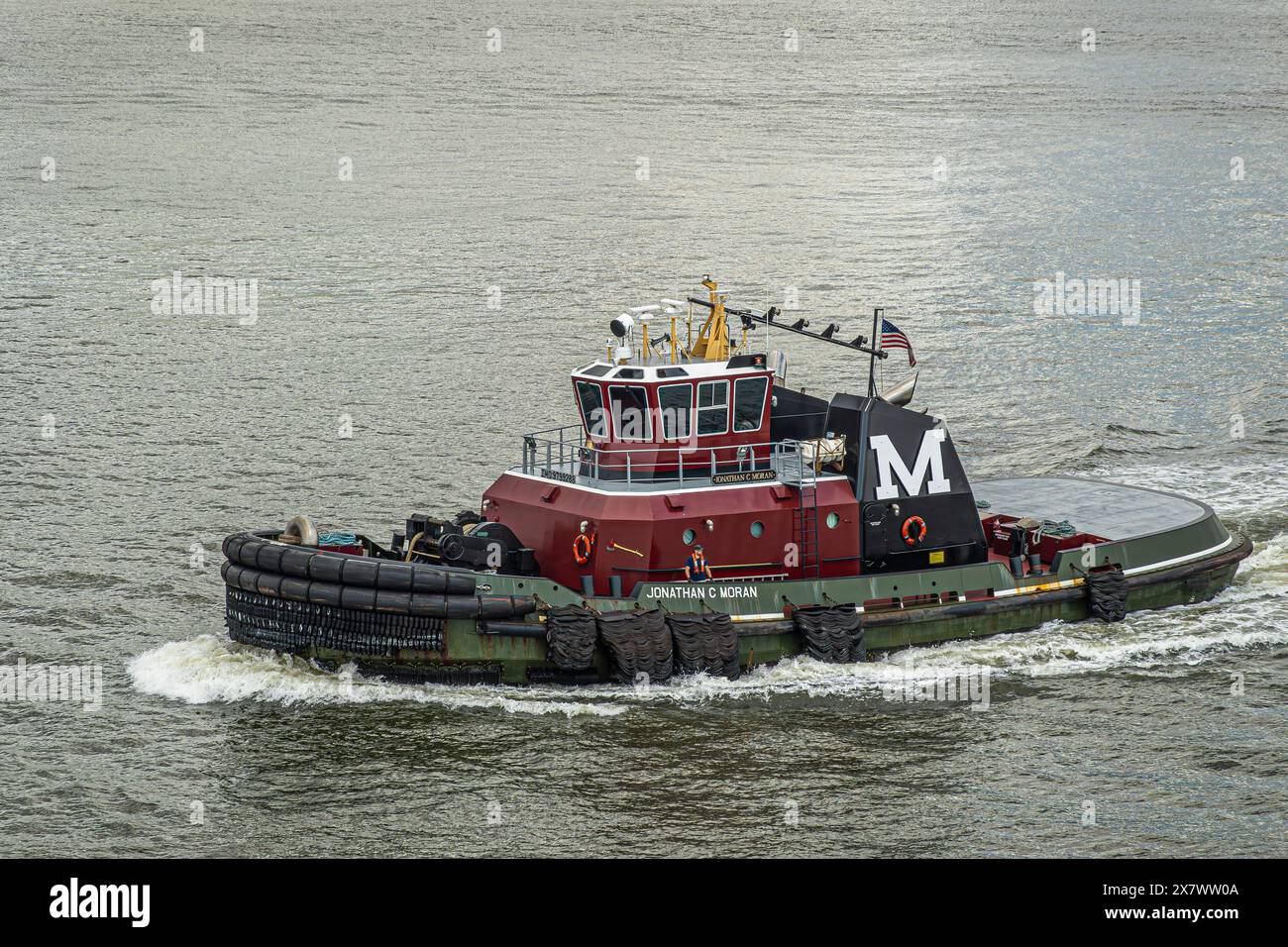New York, NY, USA - August 1, 2023: Jonathan C. Moran tugboat closeup on Hudson river Stock ...