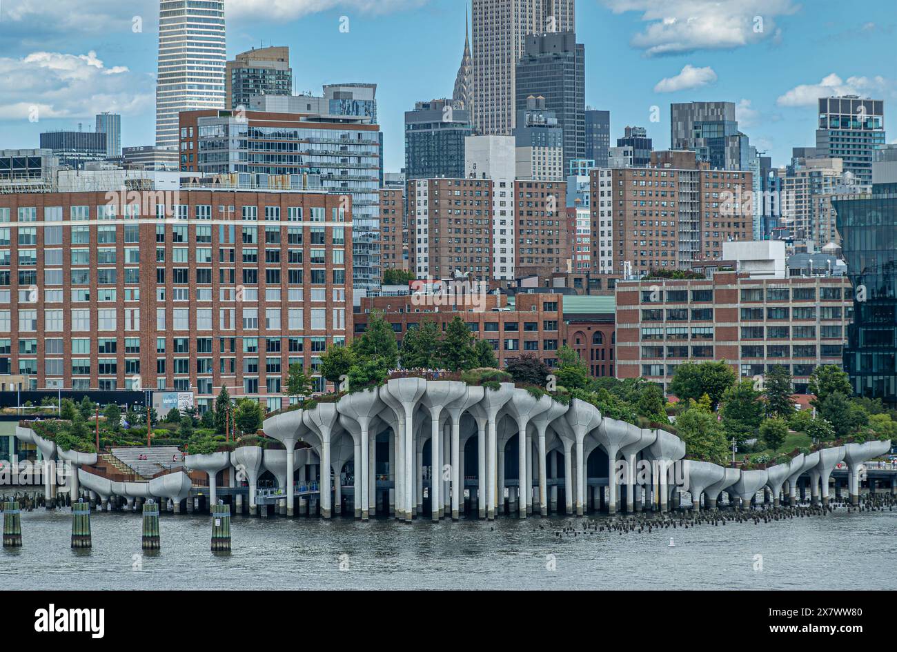 New York, NY, USA - August 1, 2023: Closeup, Little Island amphitheater ...