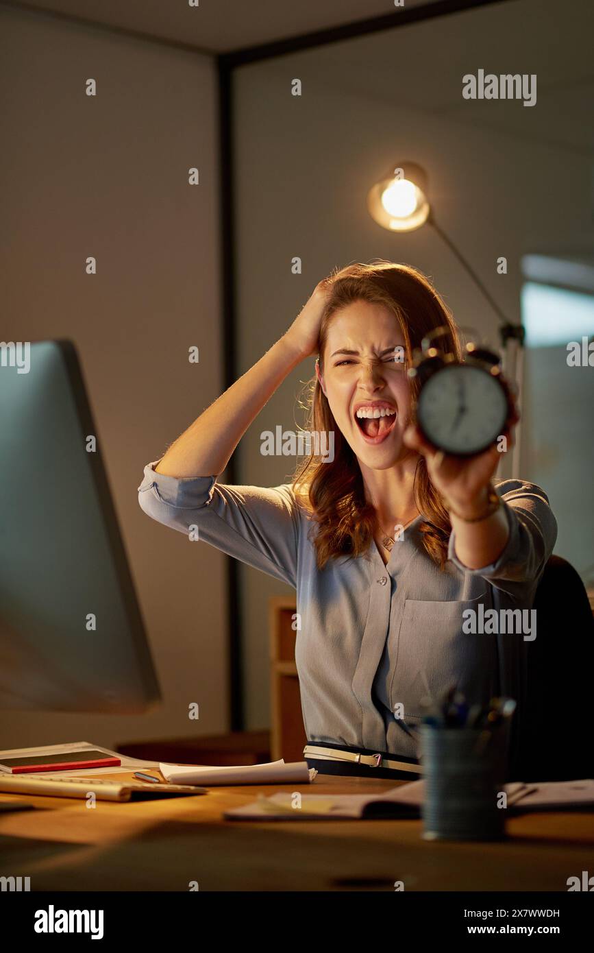 Woman, stress and overtime with clock in office, portrait and shouting ...