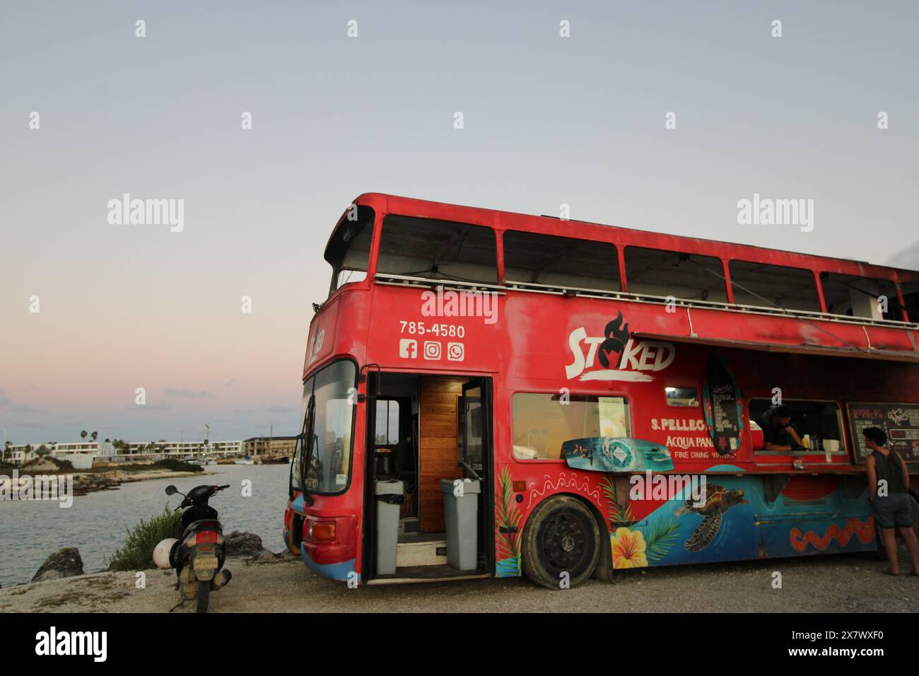 Double decker as a food truck in Bonaire. Able to sit on the top deck ...