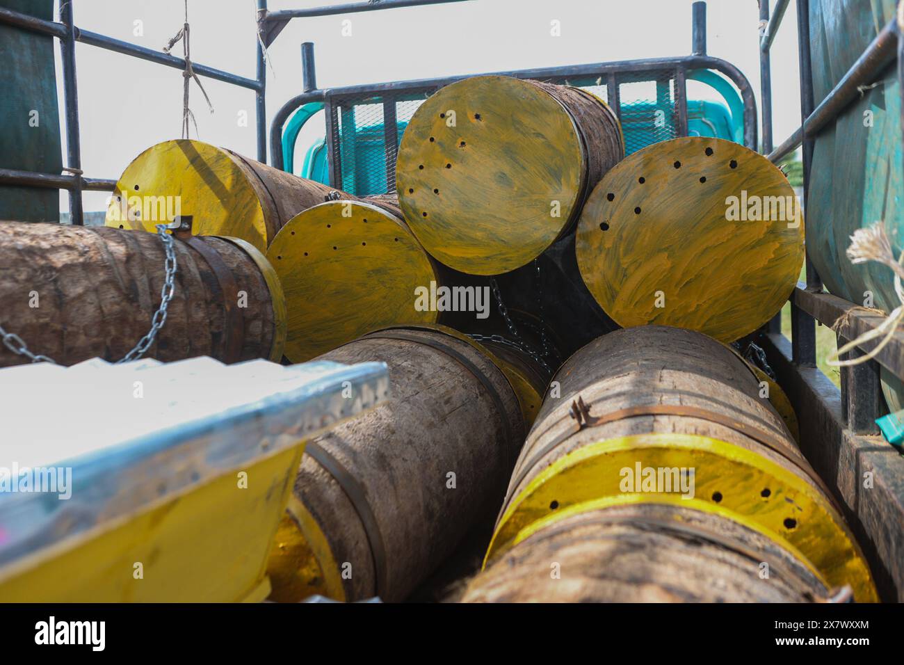 Traditional beehives made from palm tree from Congo seen on display ...