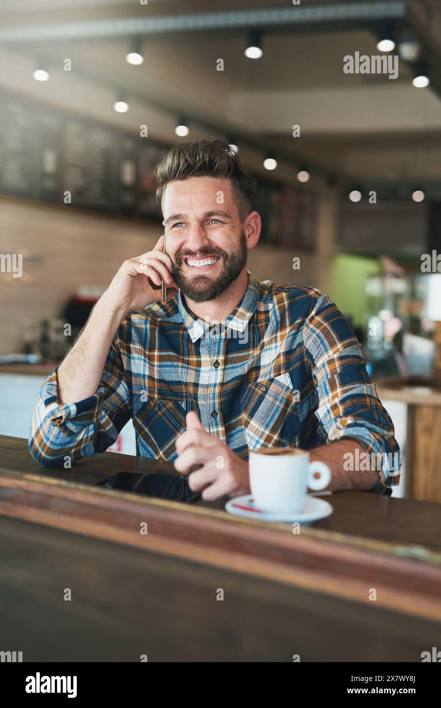 Coffee shop, phone call and happy man with drink, caffeine beverage and ...