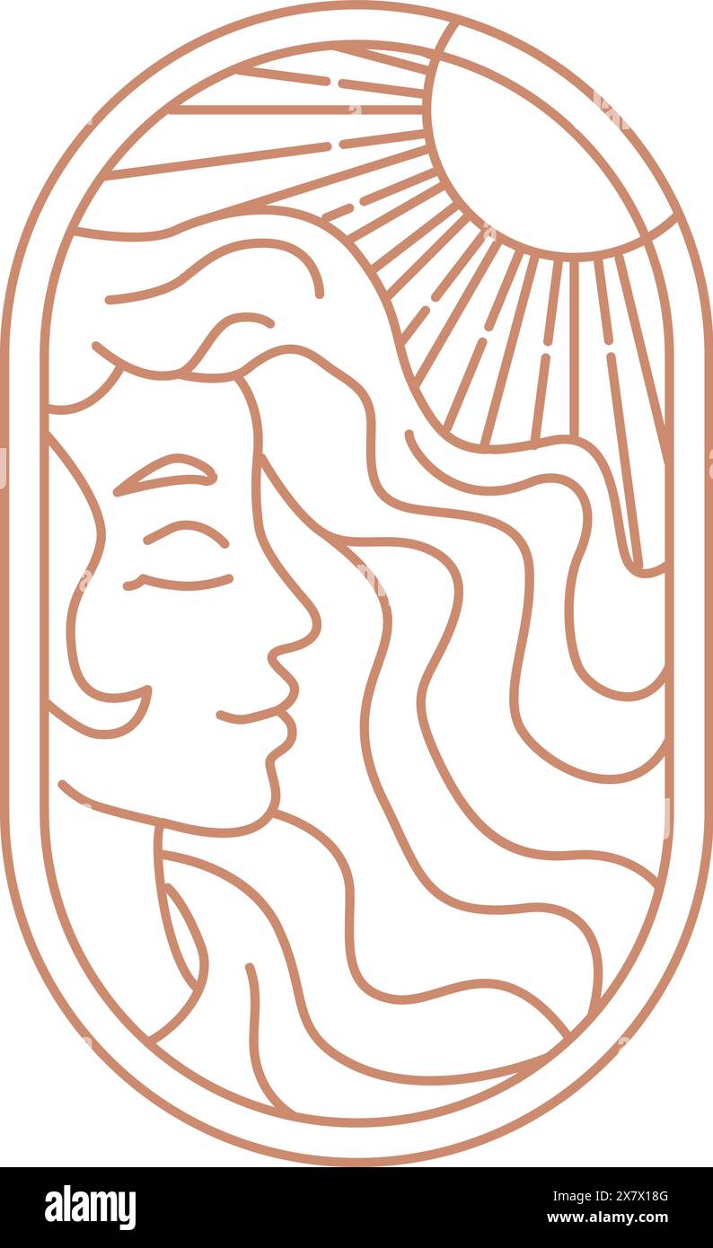 boho logo girl and sun oval shape aesthetic brown icon Stock Vector ...