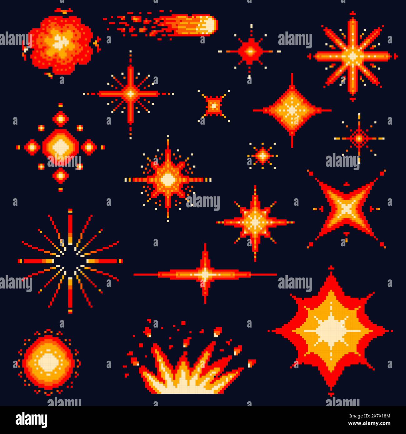 Pixel art explosions. game icons set. Comic boom flame effects for ...
