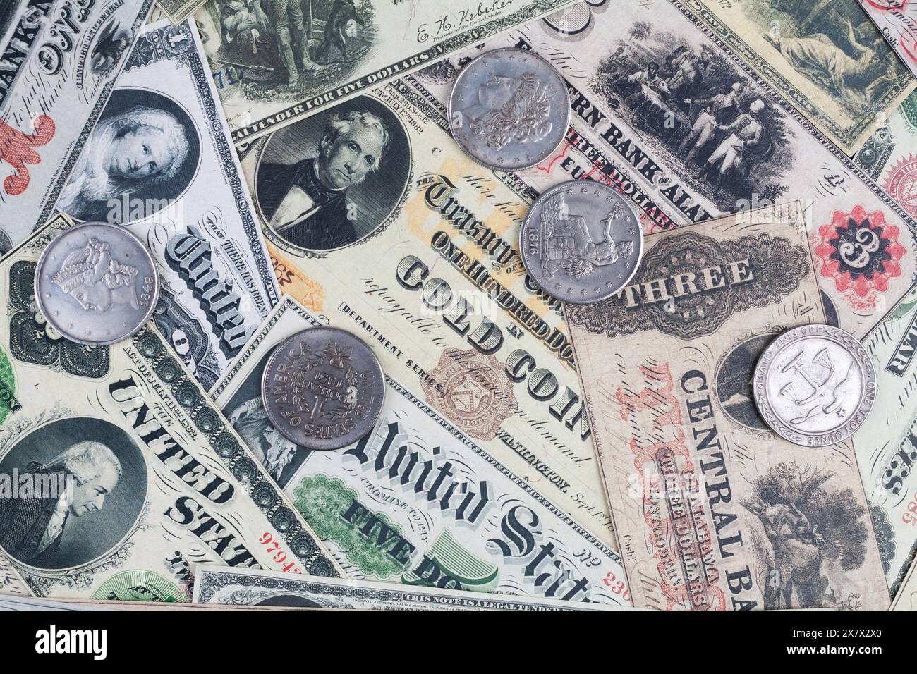 Old west period US banknotes and silver certificates with silver dollar ...
