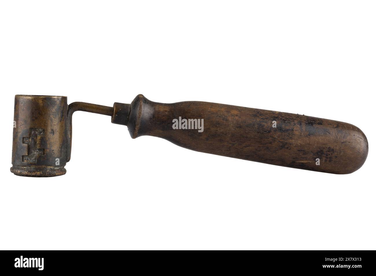 Antique black powder measure for loading cartridge. Isolated on a white ...