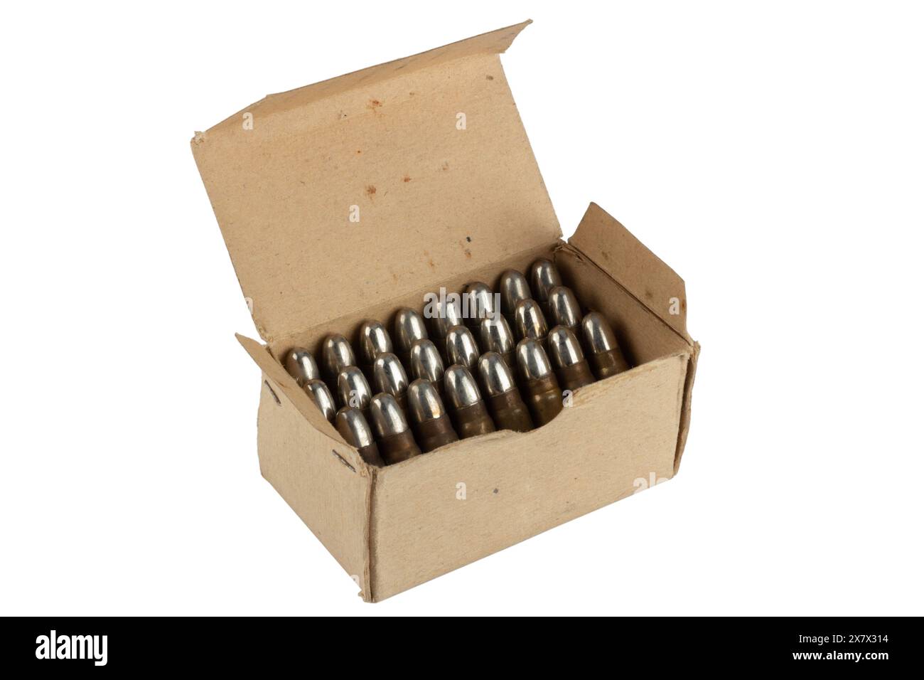 Vintage retro ammunition in a cardboard box. Isolated on white ...