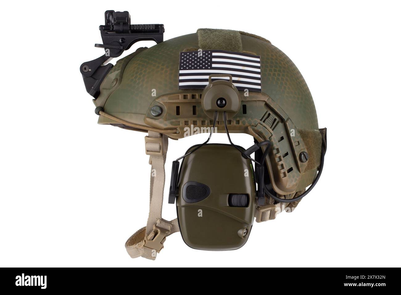 Night vision goggles on military helmet with US national flag isolated ...