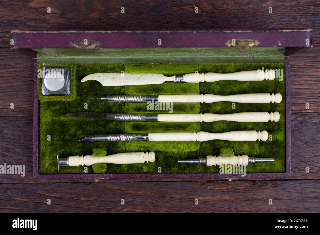 Vintage retro writing tools set in box Stock Photo - Alamy