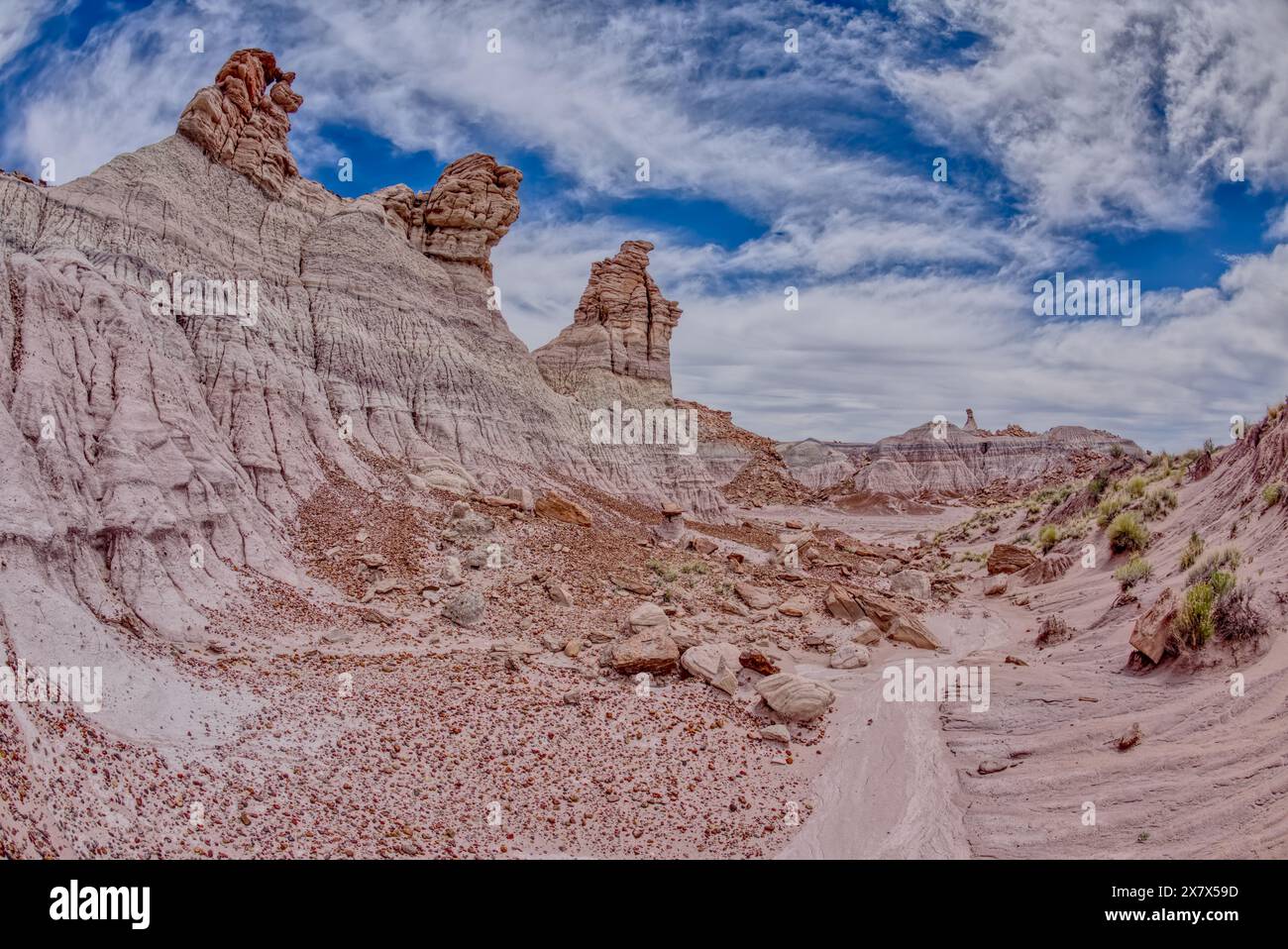 Tall hoodoo towers in the valley below Blue Mesa in Petrified Forest ...