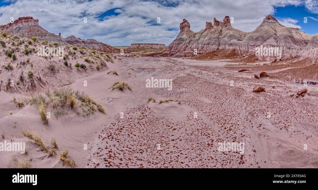 Tall hoodoo towers in the valley below Blue Mesa in Petrified Forest ...