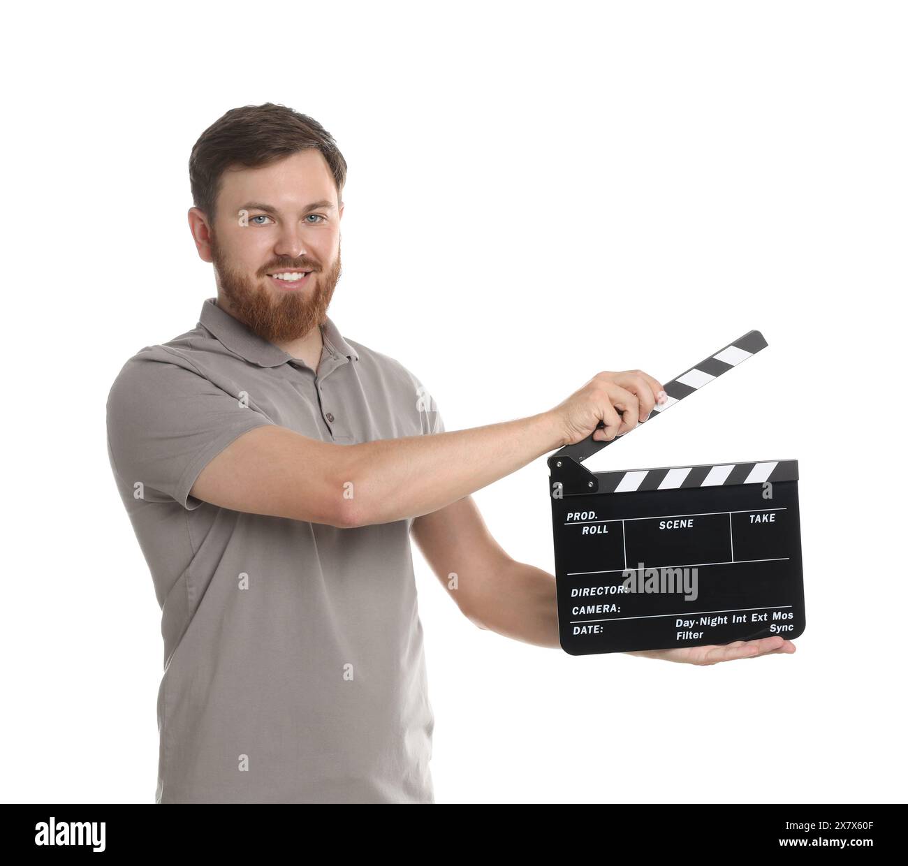 Making movie. Smiling man with clapperboard on white background Stock ...