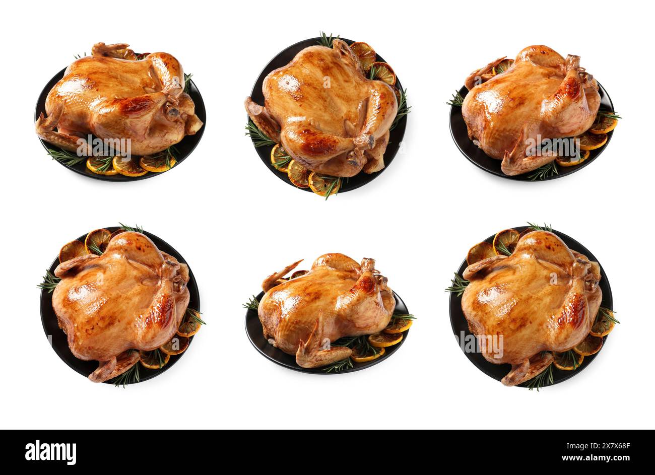 Delicious roasted chicken isolated on white, top and side views. Set ...