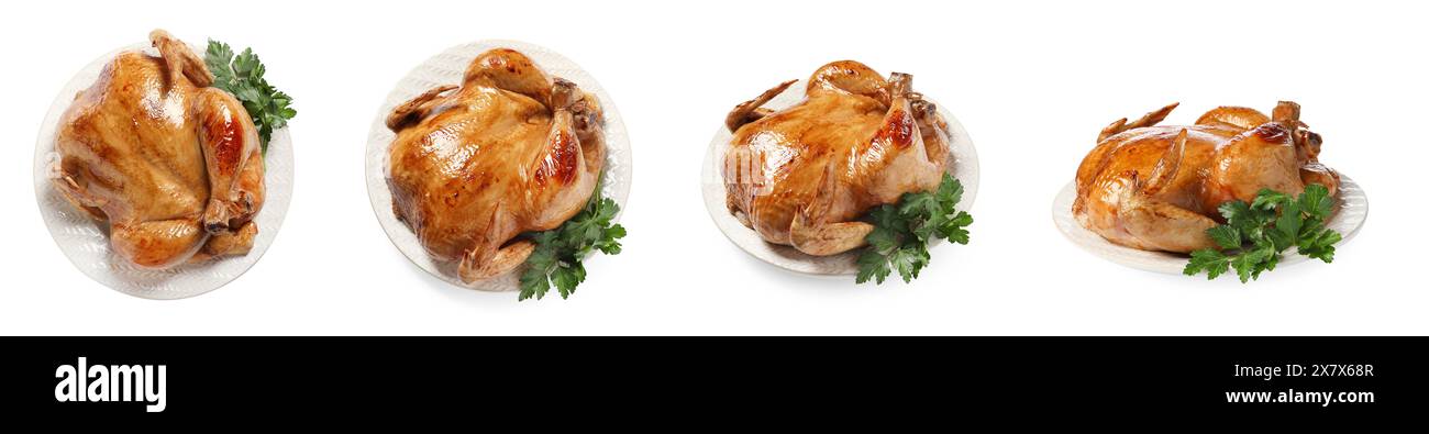 Delicious roasted chicken isolated on white, different angles. Set ...