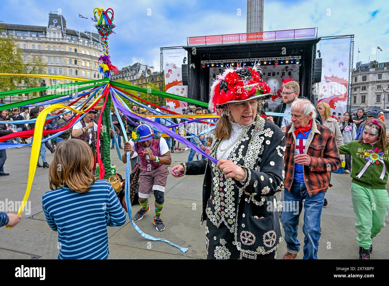 Maypole at Saint George's Day celebrations, Trafalgar Square, London ...