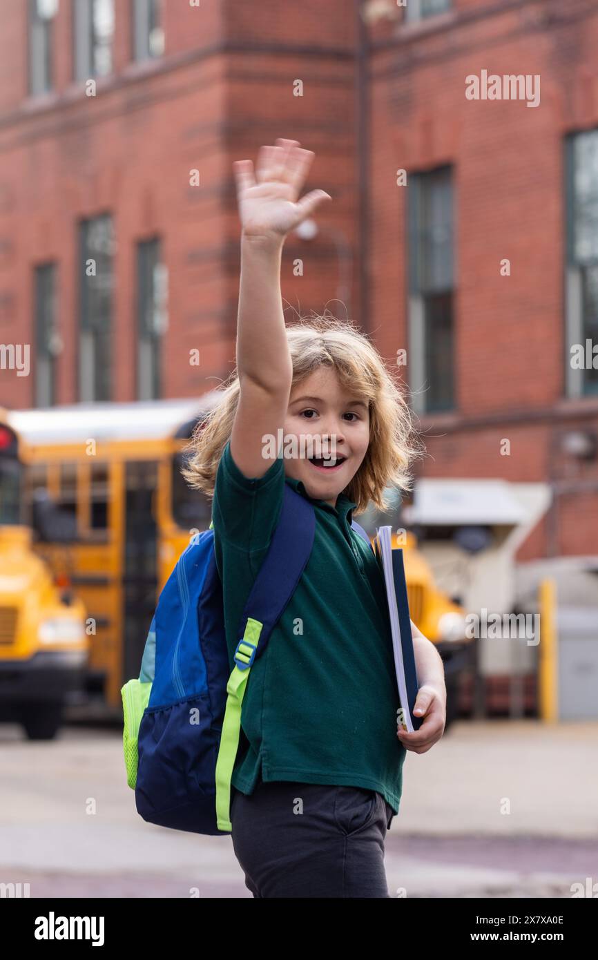 Child go to school. Schoolboy getting on school bus. American School ...