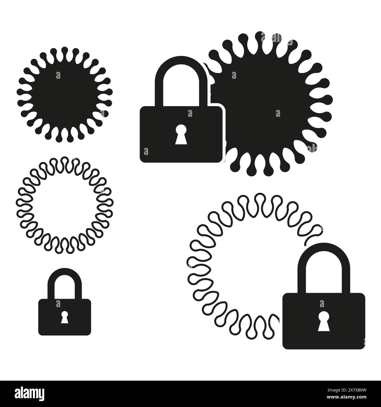 Secure connection icons set. Black virus and padlock symbols. Vector ...