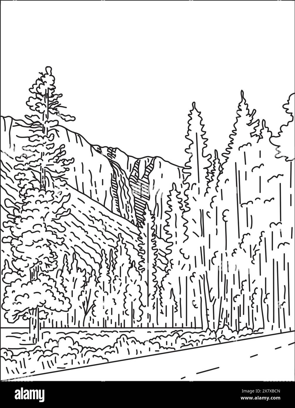 Mono Line Illustration Of Bridalveil Fall In The Yosemite Valley Within