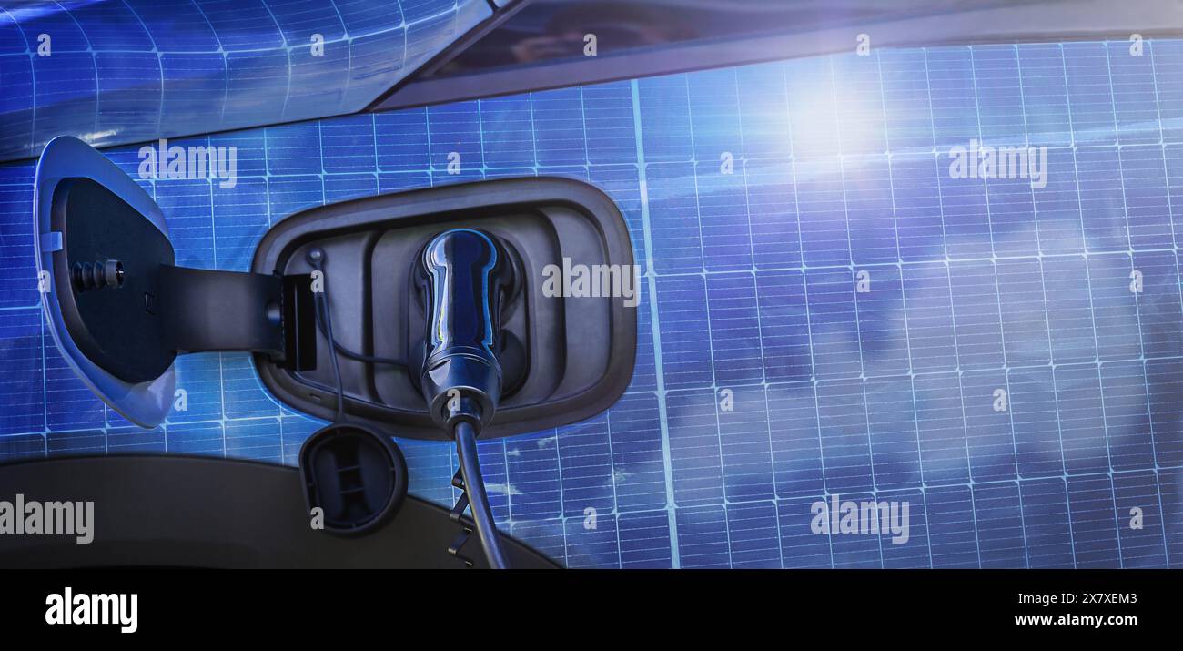 EV charging charges an electric car reflection of a solar panel with ...