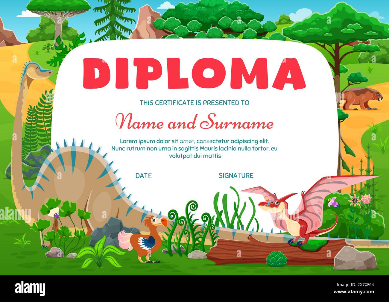 Kids diploma, cartoon funny dinosaurs. Colorful children certificate ...