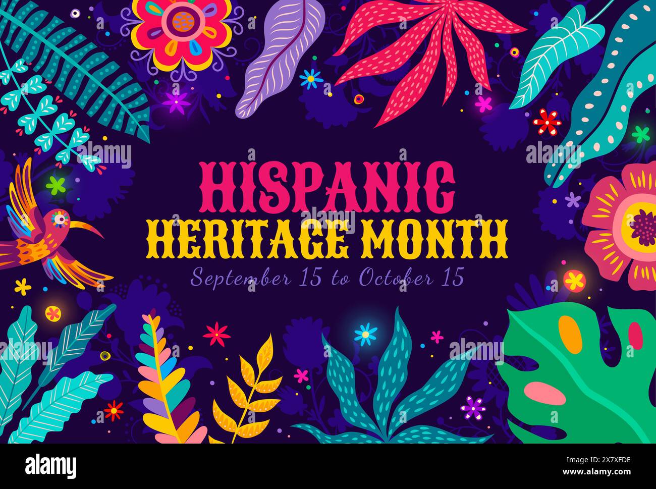 Tropical flowers and plants on national hispanic heritage month banner. Mexican and spanish ...