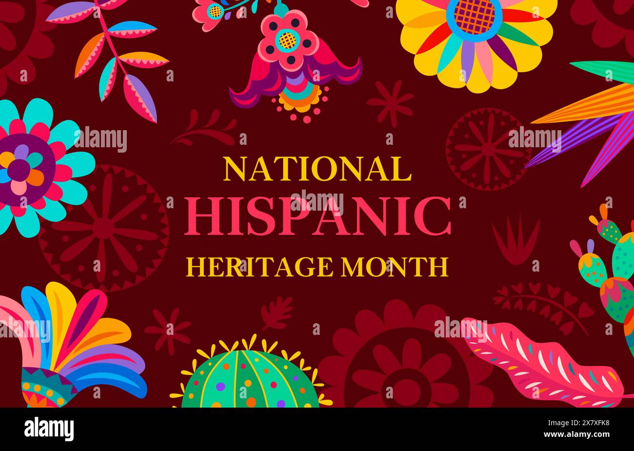National hispanic heritage month festival banner with tropical flowers decorations vector frame ...