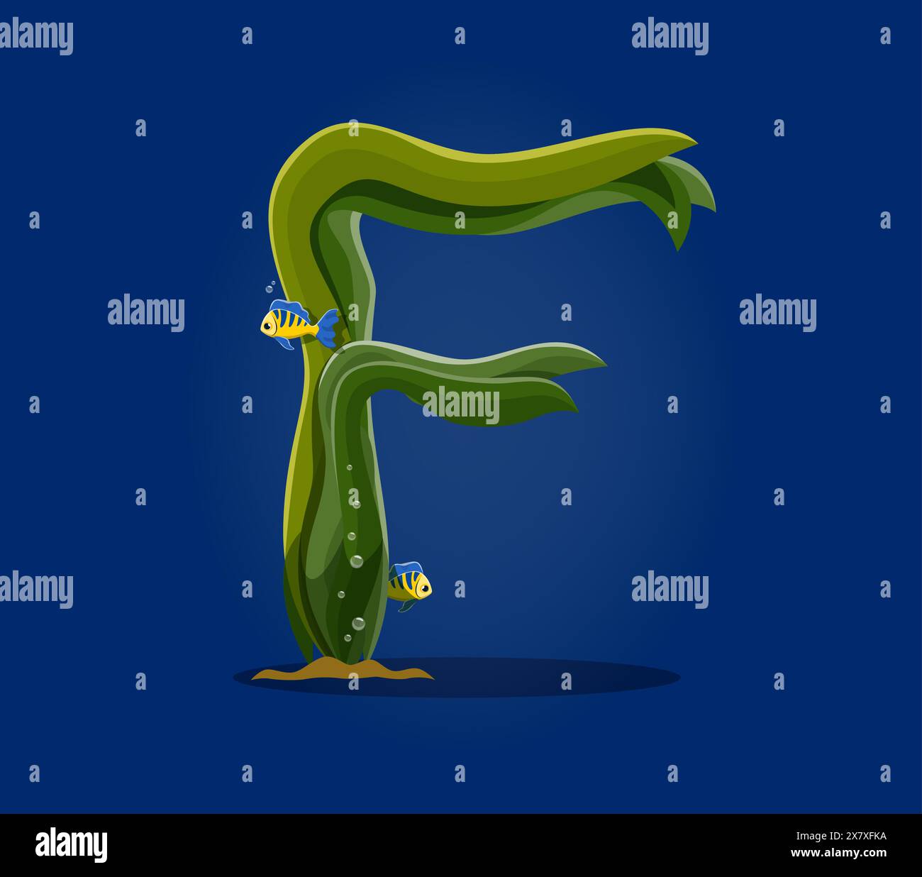 Sea animal in underwater font, letter F seaweed and ocean fishes ...