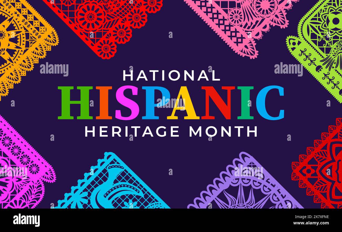 Papel picado paper cut flags on national Hispanic heritage month banner, vector Latin ornament ...