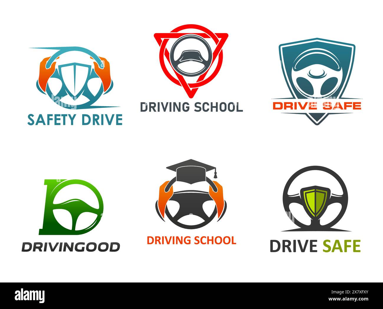 Drive school icons with steering wheels. Safe drive, driving school ...