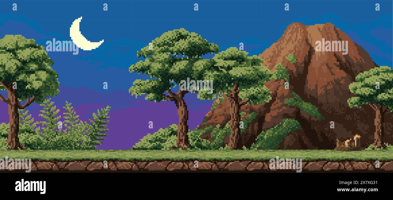 8 bit pixel night tropical forest landscape with mountain. 8-Vector ...