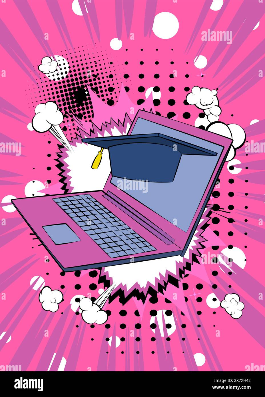 Cartoon Laptop, comic book Notebook with Graduation Hat. Retro vector ...