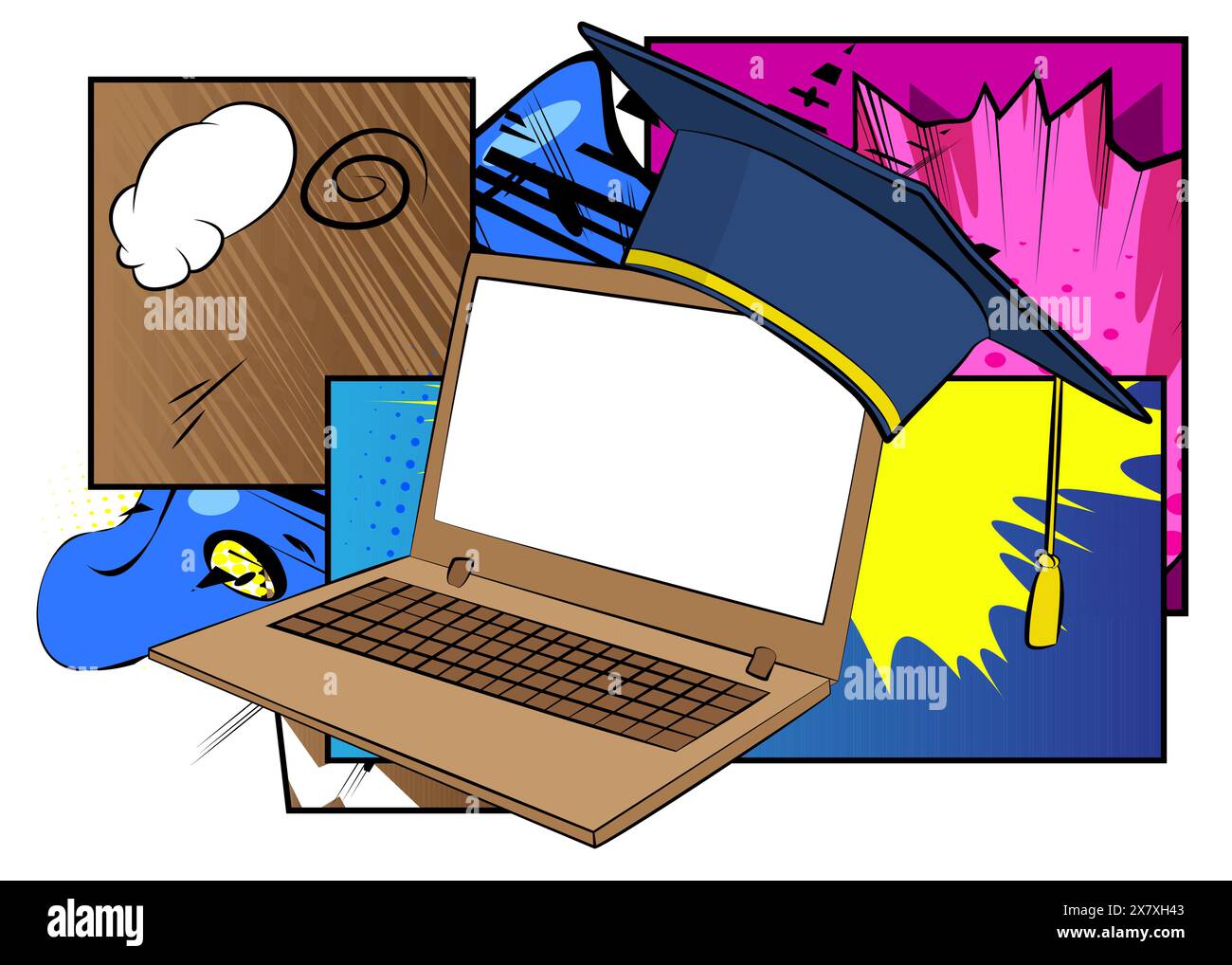Cartoon Laptop, comic book Notebook with Graduation Hat. Retro vector ...