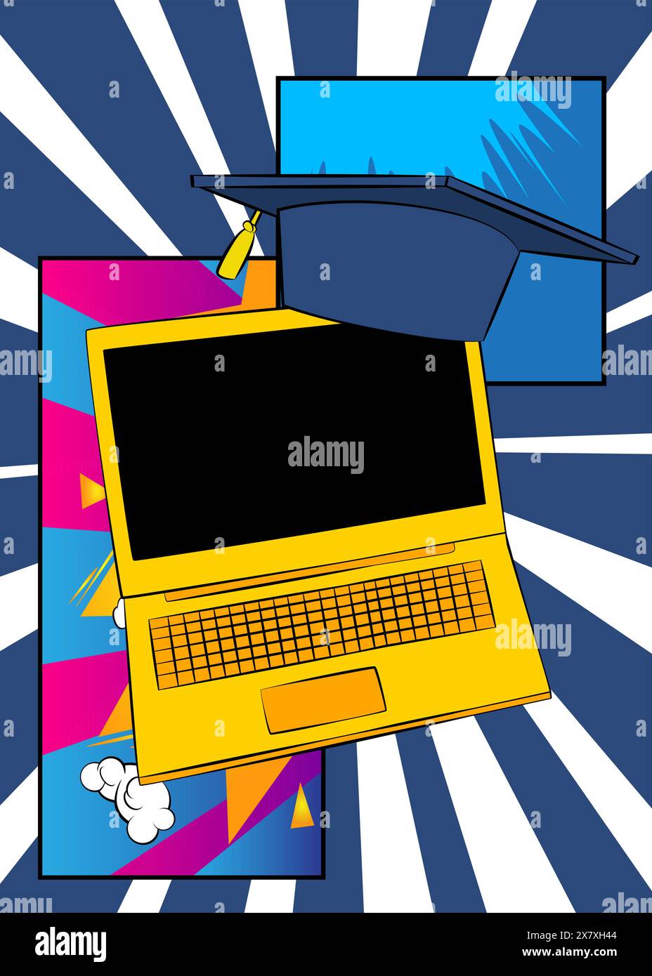 Cartoon Laptop, comic book Notebook with Graduation Hat. Retro vector ...