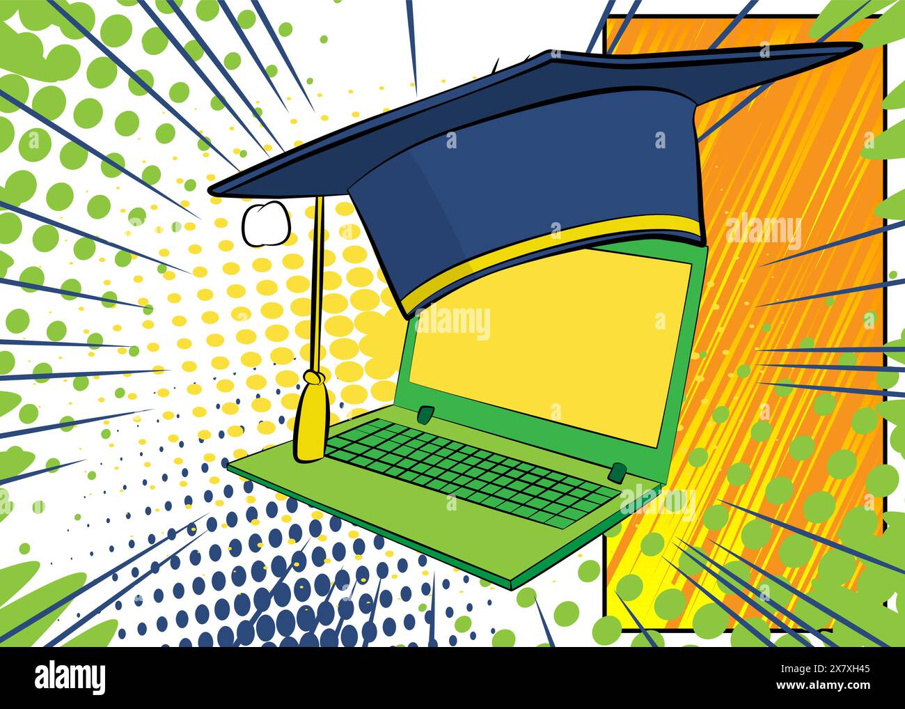 Cartoon Laptop, comic book Notebook with Graduation Hat. Retro vector ...