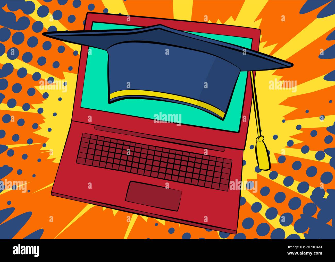 Cartoon Laptop, comic book Notebook with Graduation Hat. Retro vector ...