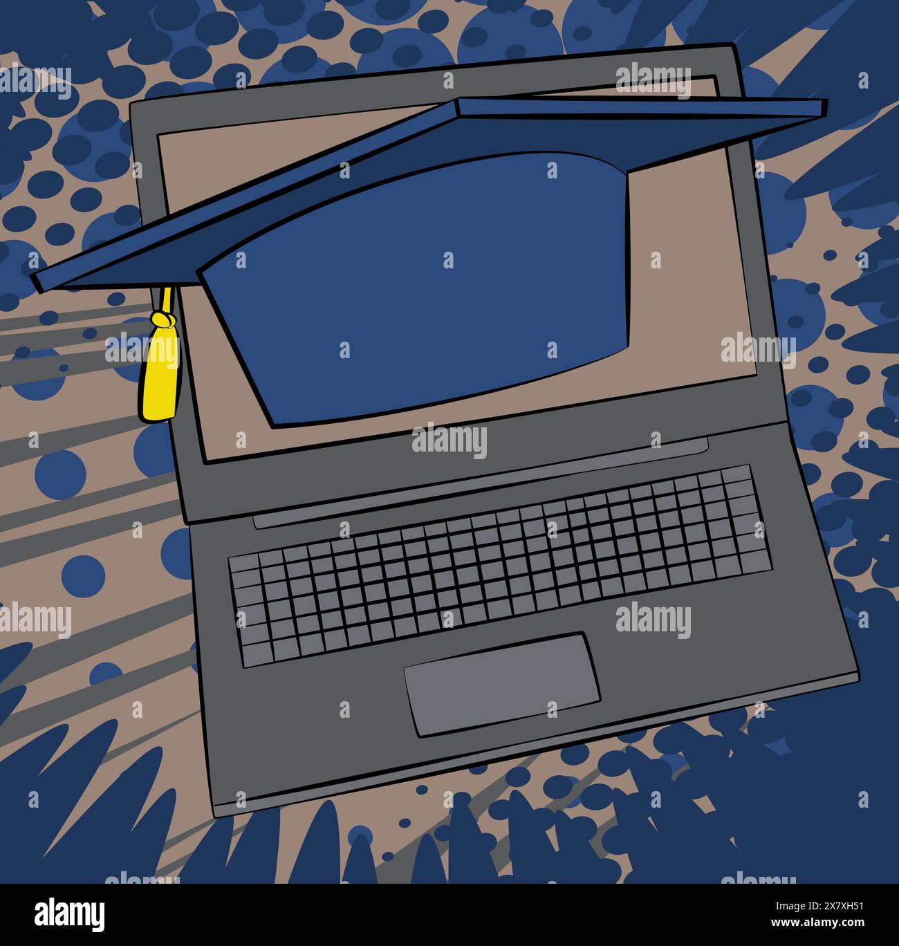 Cartoon Laptop, comic book Notebook with Graduation Hat. Retro vector ...