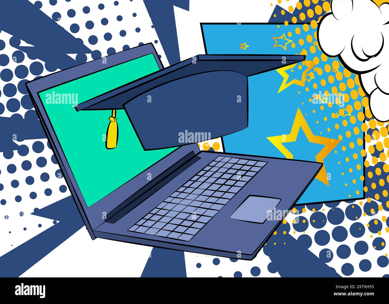 Cartoon Laptop, comic book Notebook with Graduation Hat. Retro vector ...